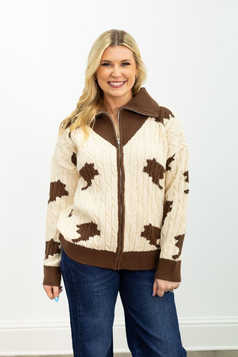 Zip Up Cow Print Sweater – BlueSkyeBoutique